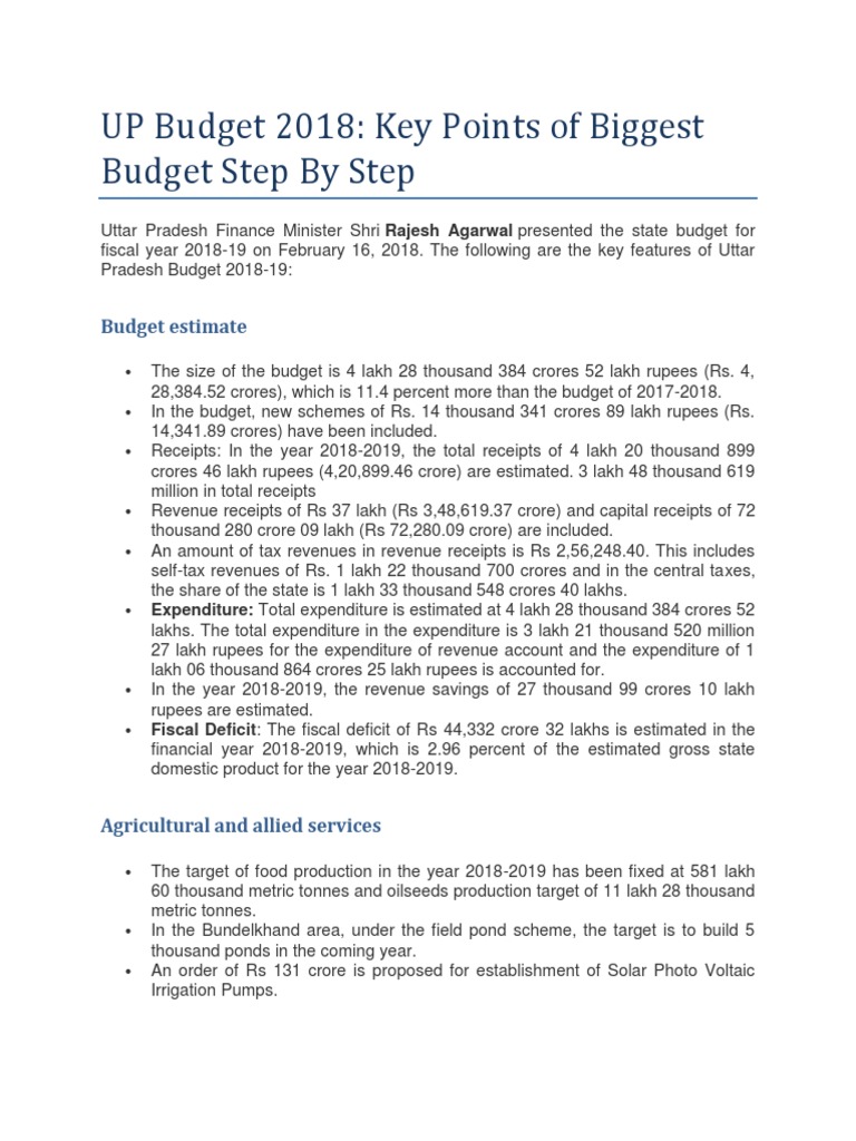 UP Budget 2018: Key Points of Biggest Budget Step by Step | PDF ...