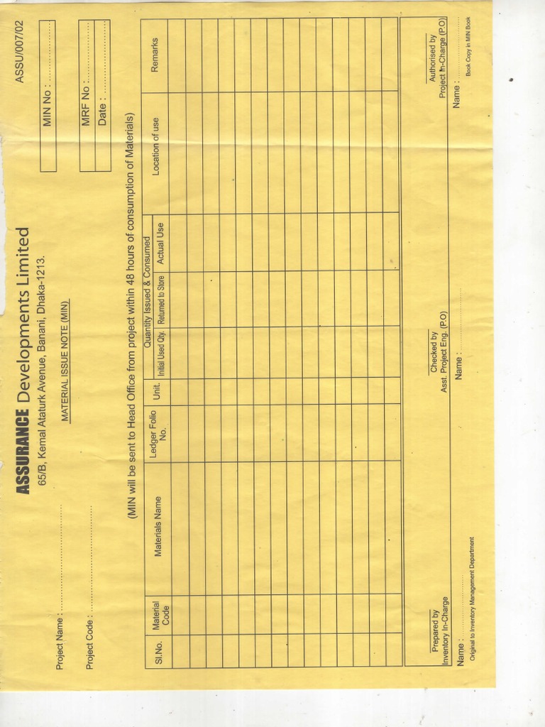 Material Issue Note (MIN) | PDF