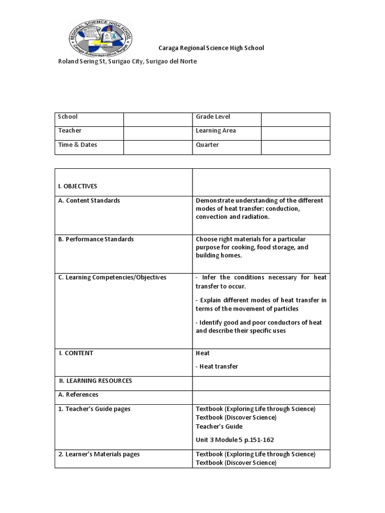 Grade 7 Heat Transfer Lesson Plan | PDF | Heat Transfer | Heat