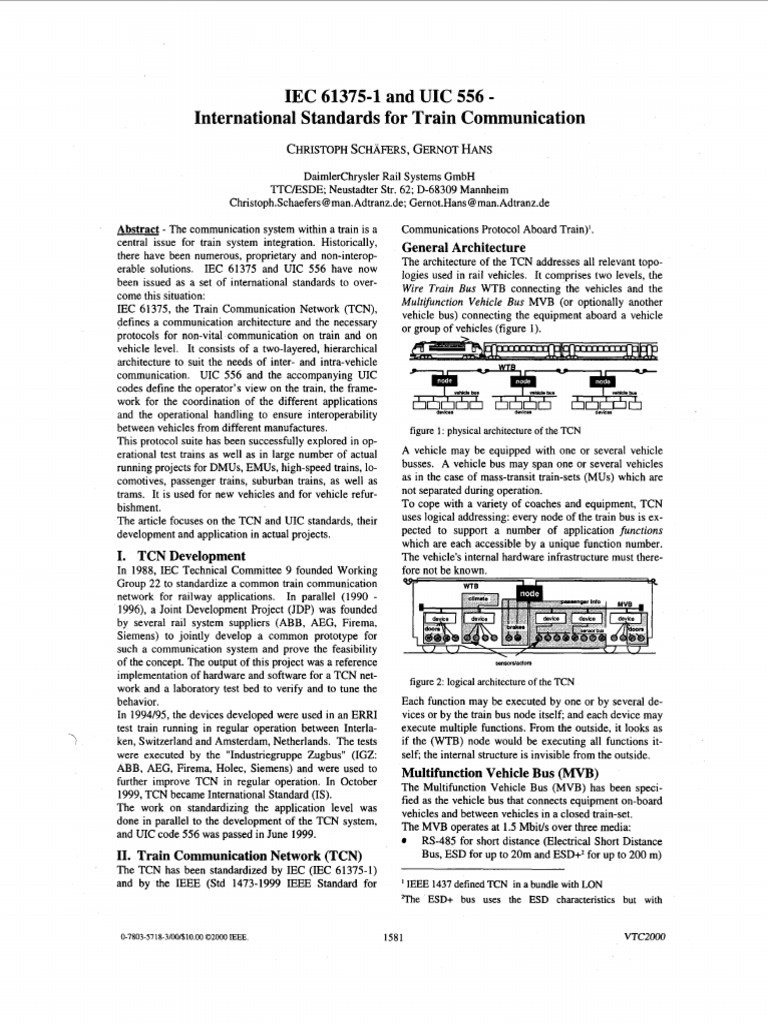 IEC 61375-1 and UIC 556 International Standards for Train Communication ...