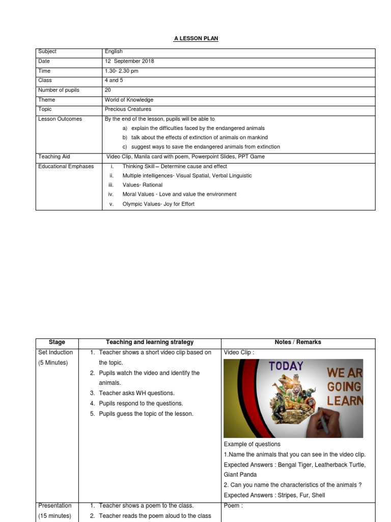 A Lesson Plan | PDF | Endangered Species | Lesson Plan
