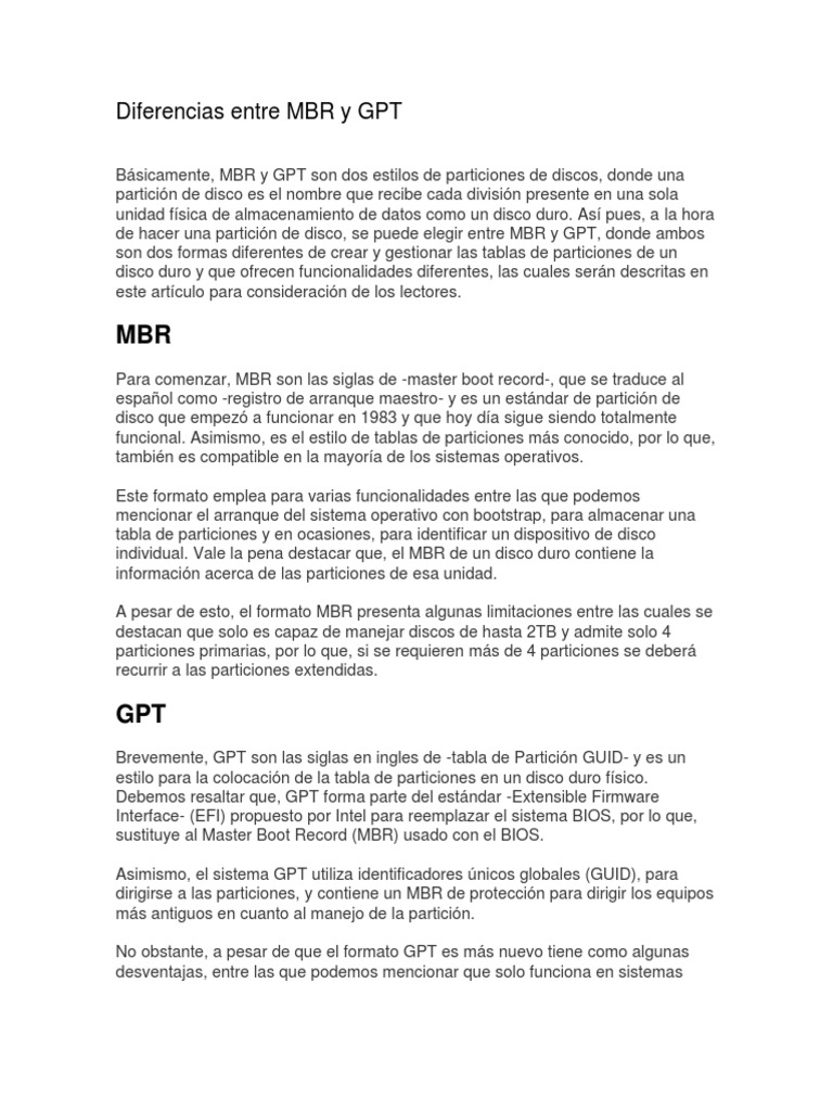 Diferencias Entre MBR y GPT | PDF | Gestión de datos | Áreas de informática