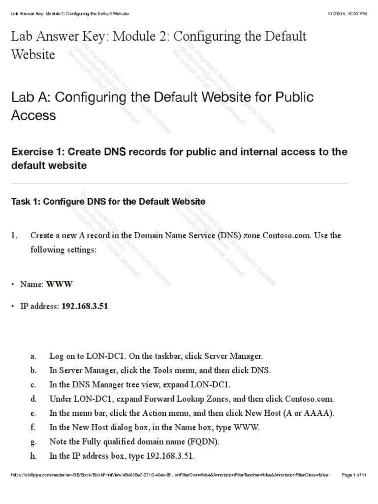 Lab Answer Key Module 2 Configuring The Default Website PDF | PDF | Web Page | Domain Name System