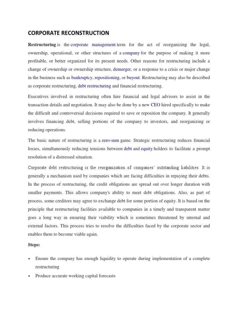 Corporate Reconstruction: Restructuring Is The | PDF | Restructuring ...