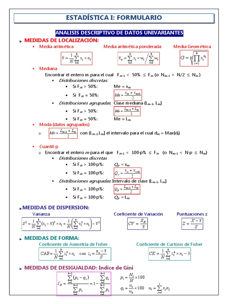 Fórmulas Estadística | PDF | Distribución de probabilidad | Oblicuidad