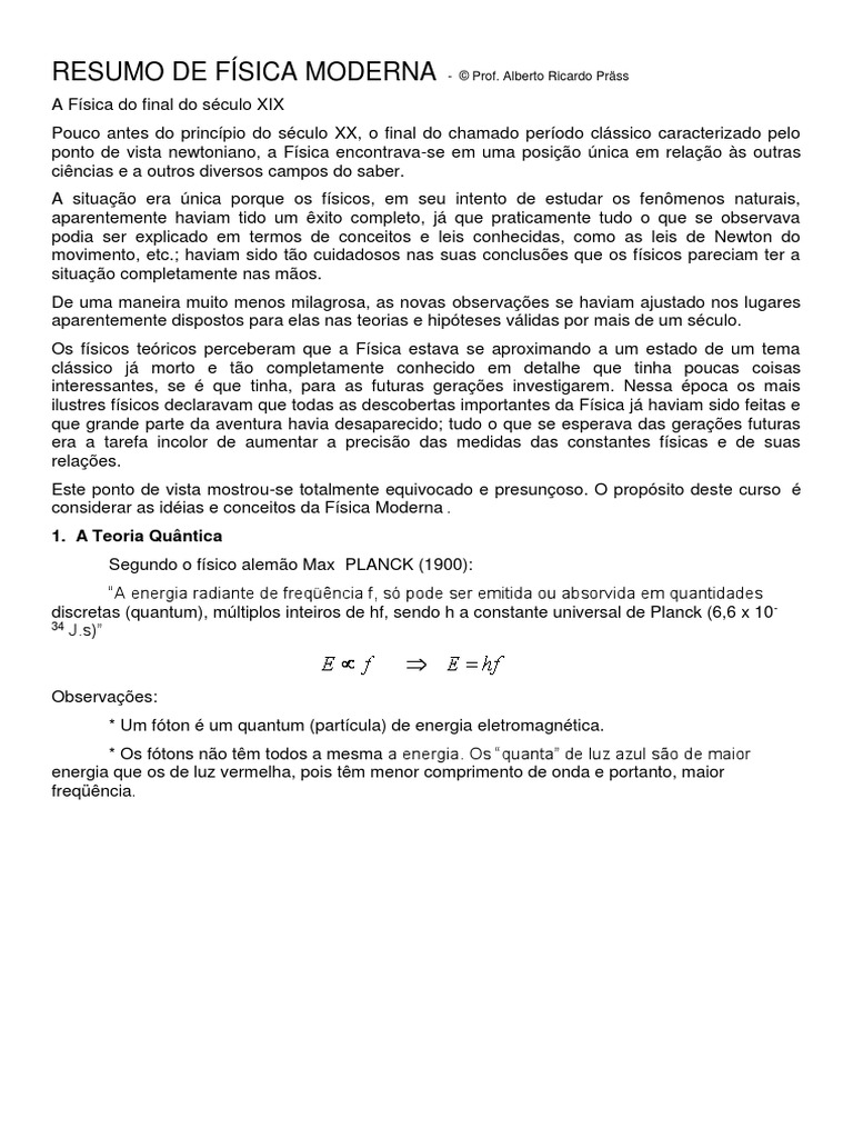 Resumo de Física Moderna | PDF | Elétron | Fóton