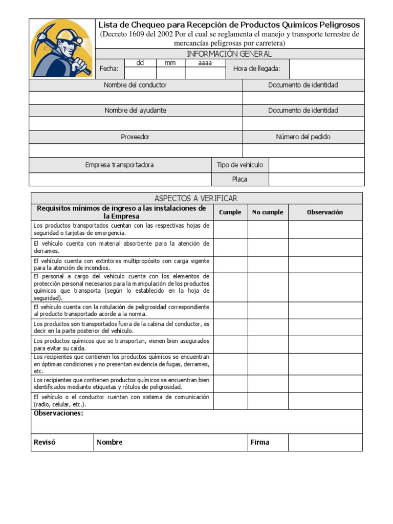 Lista de Chequeo y Recepción de Productos Químicos | Negocios