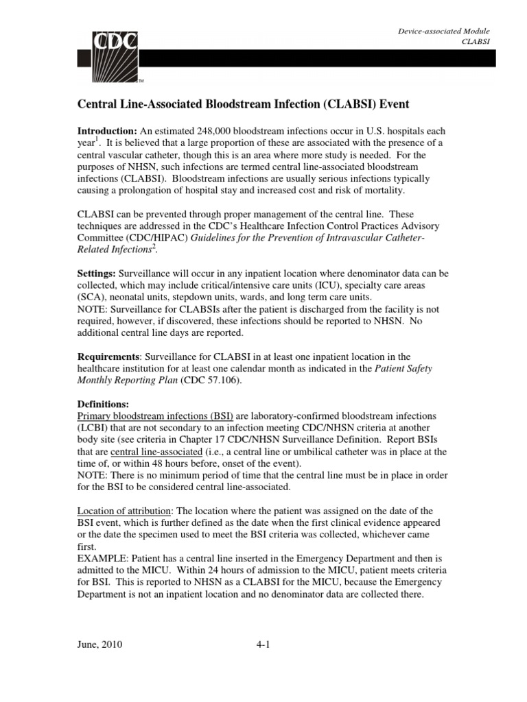 Central Line-Associated Bloodstream Infection (CLABSI) Event | PDF ...