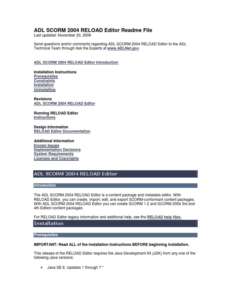 ADL SCORM 2004 RELOAD Editor Version 1.1 Readme File | PDF | Java ...