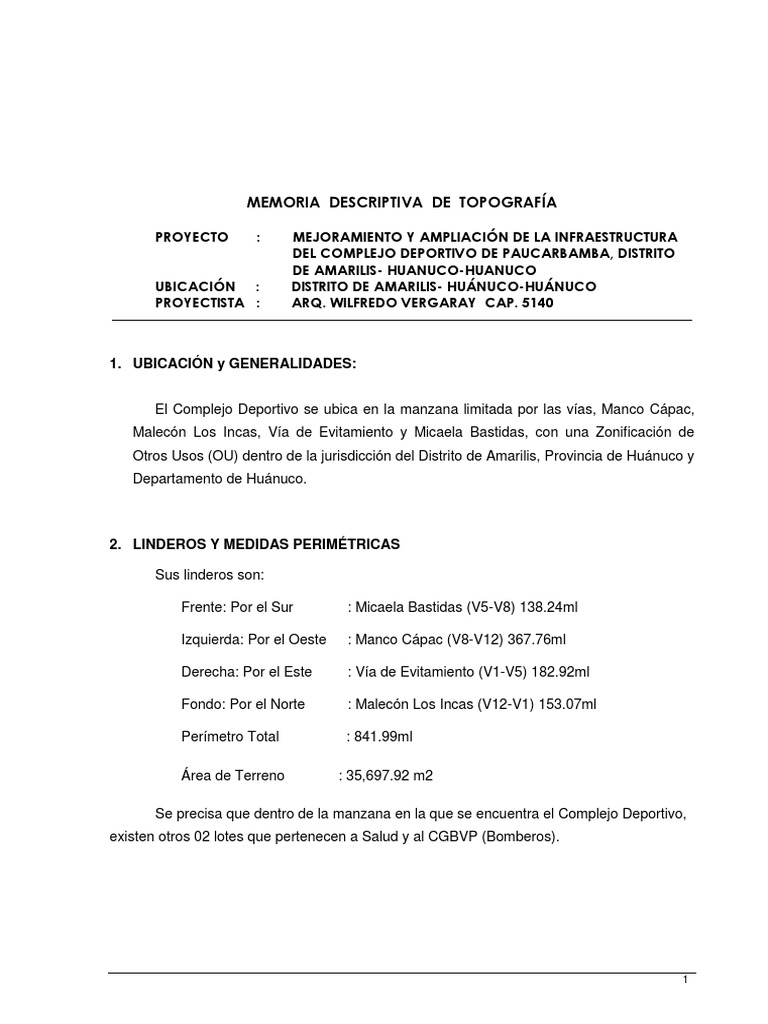Memoria Descriptiva - Topografia Estadio | PDF | Topografía ...