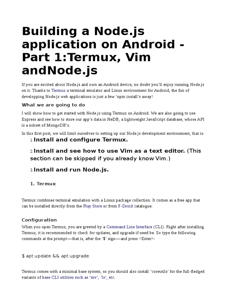 Building A Node - Js Application On Android - Part 1:termux, Vim Andnode - Js | PDF | Computer ...