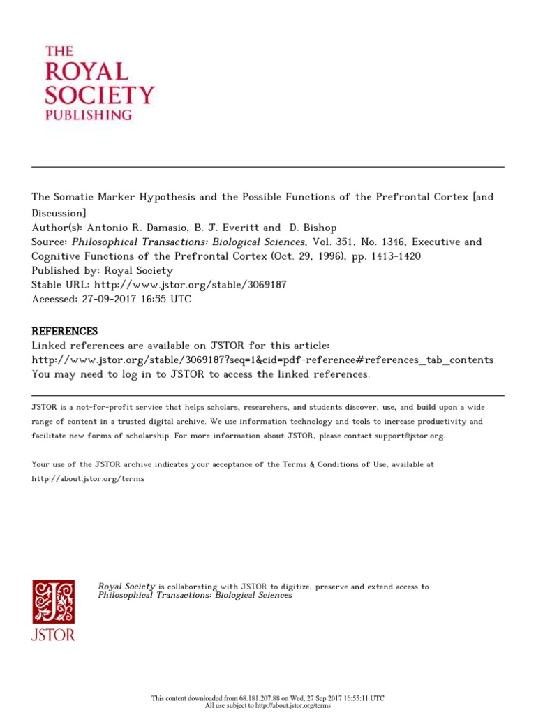 The Somatic Marker Hypothesis and The Possible Functions of The ...