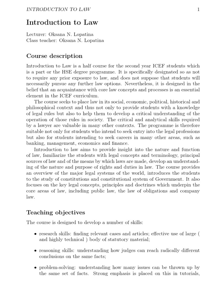 Introduction To Law: Course Description | PDF | Sole Proprietorship ...