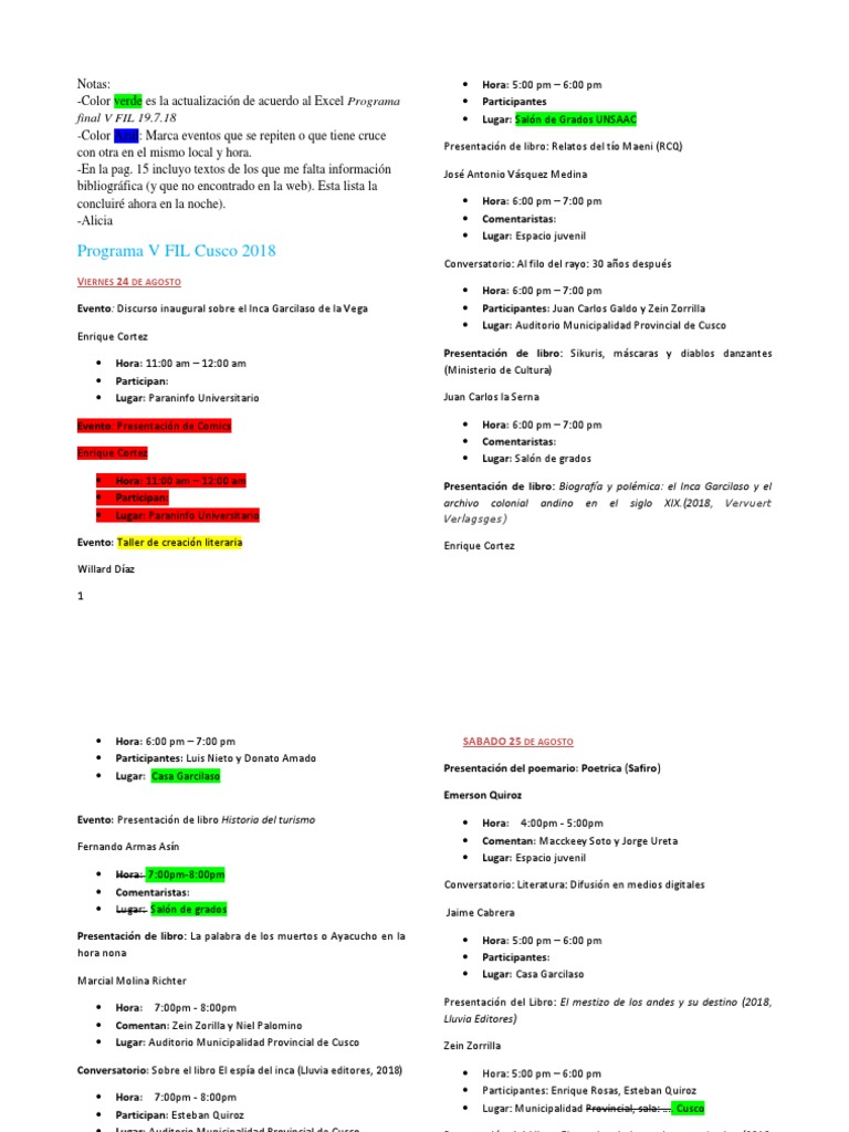 Programa V FIL - 19 Cusco 2018 (Ed. Alicia Cucho 21.7.18) | PDF