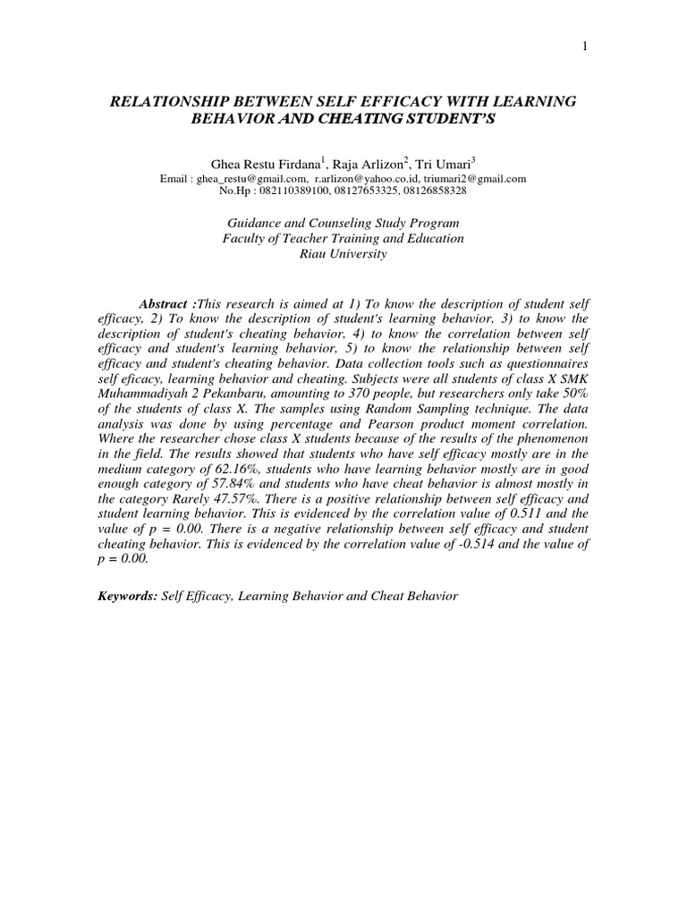 Relationship Between Self Efficacy With Learning Behavior and Cheating Student'S | PDF ...