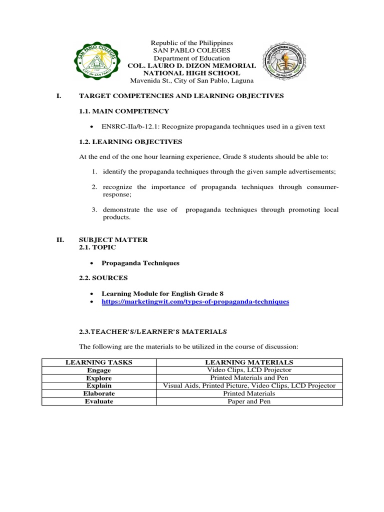 Grade 8-Lesson Plan Propaganda | PDF | Propaganda | Advertising