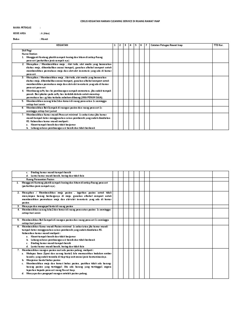 CEKLIS KEGIATAN HARIAN CLEANING SERVICE DI RUANG RAWAT INAP.docx