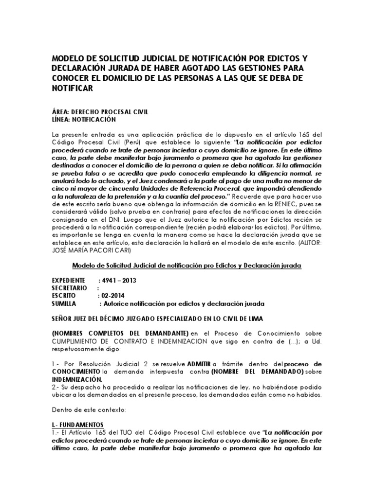 Modelo de Solicitud Judicial de Notificación Por Edictos y Declaración ... Modelo de Solicitud Judicial de Notificación Por Edictos y Declaración ...
