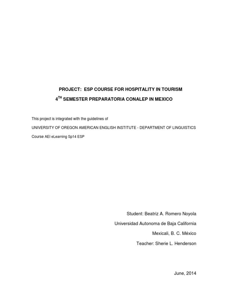 Project: Esp Course For Hospitality in Tourism 4 Semester Preparatoria ...