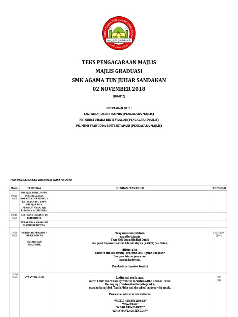 Teks Pengacaraan Majlis Graduasi SMK Agama Tun Juhar 2018 - Draf 1 | PDF