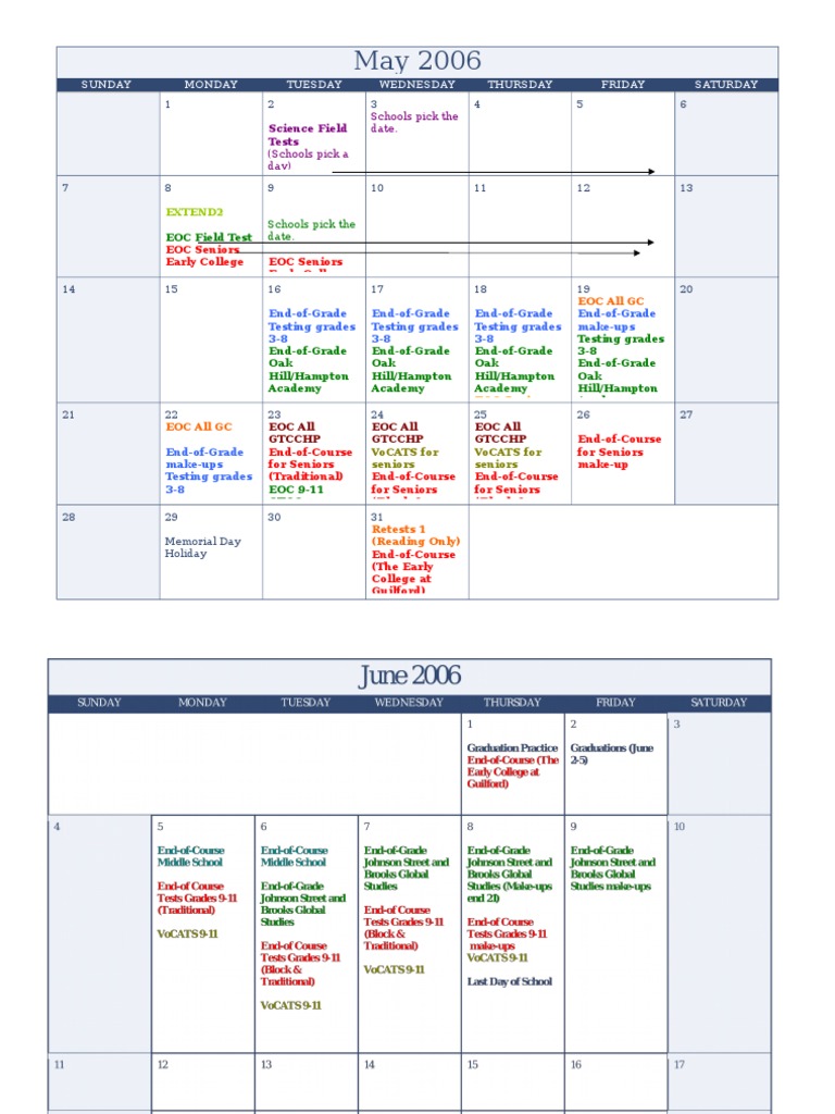End of Year Testing Calendar | PDF