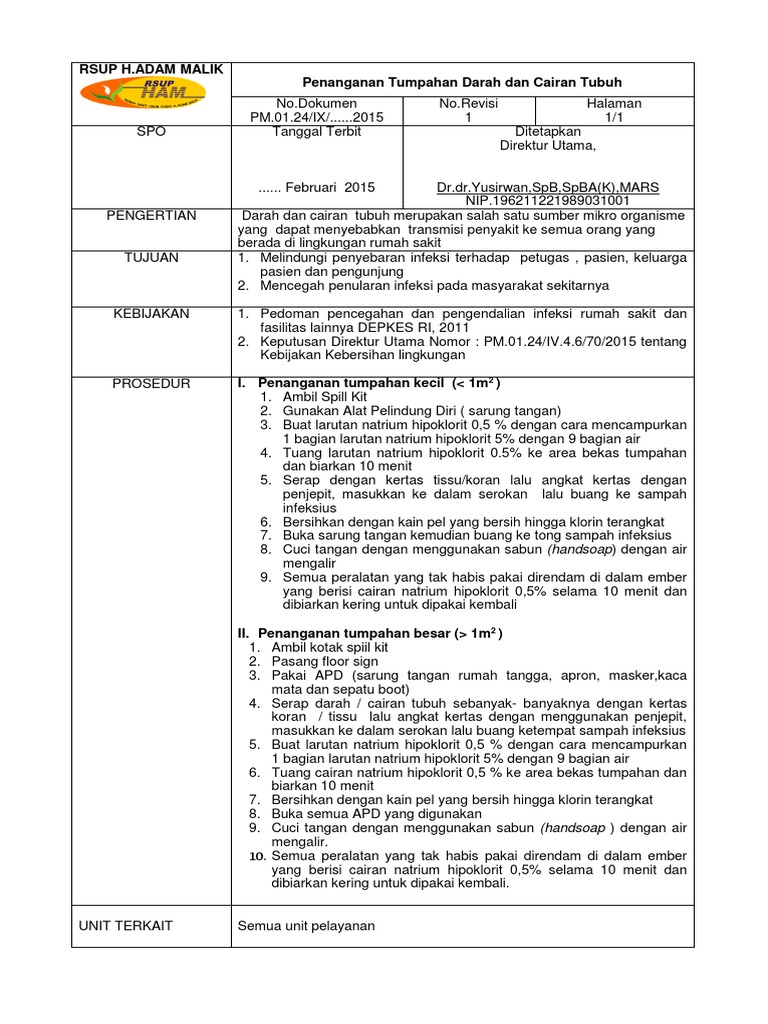 SPO Penanganan Tumpahan Darah Dan Cairan Tubuh PRINT | PDF