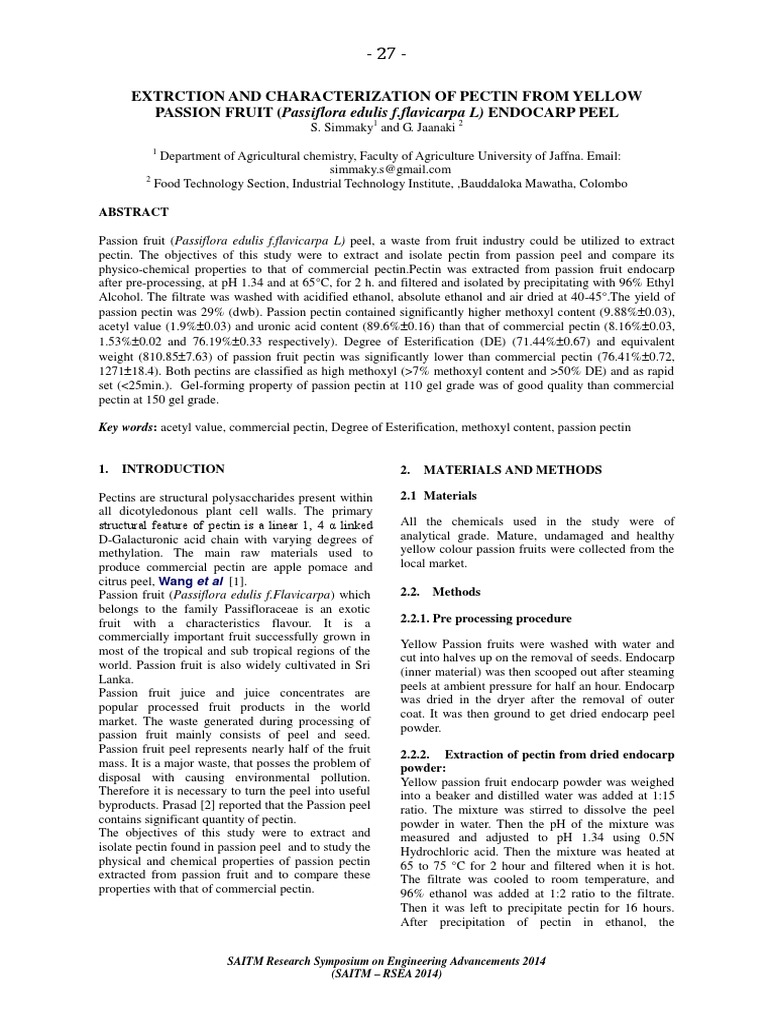 EXTRCTION AND CHARACTERIZATION OF PECTIN FROM YELLOW PASSION FRUIT (Passiflora Edulis F ...