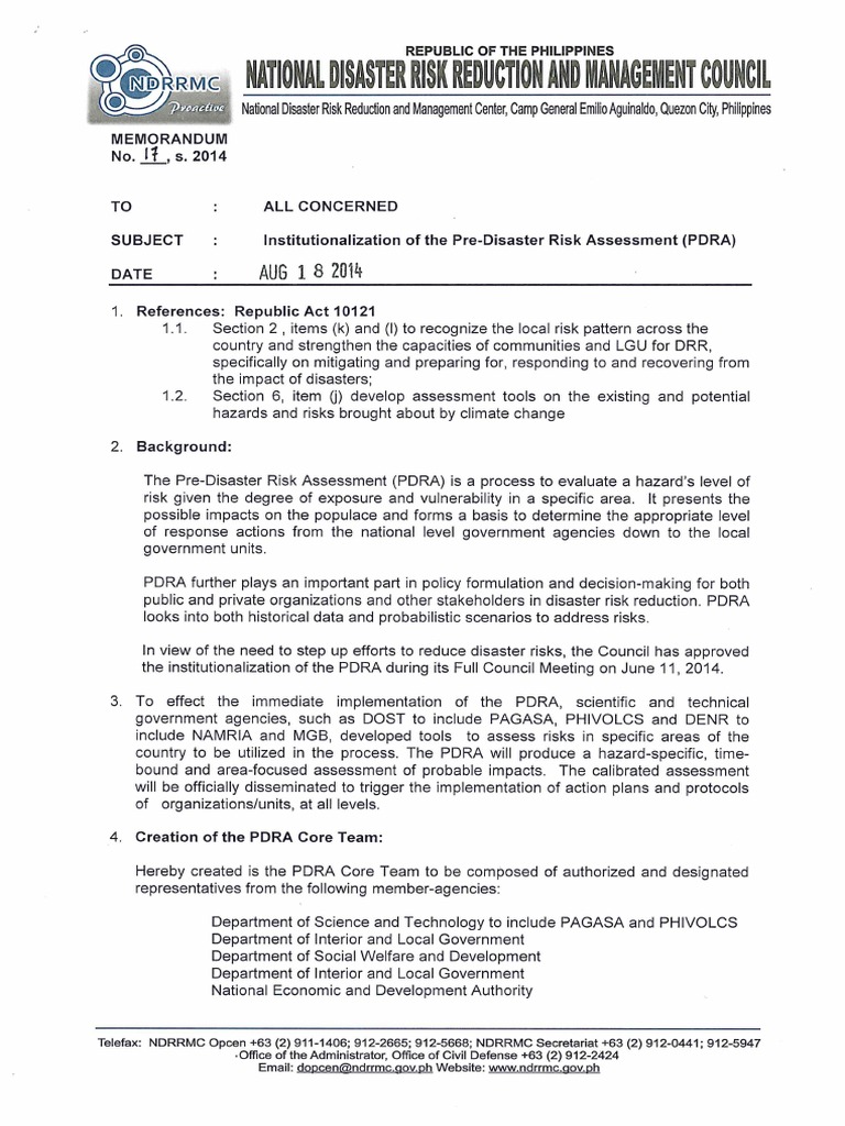 NDRRMC Memo No. 17 S 2014 Institutionalization of The Pre Disaster Risk ... NDRRMC Memo No. 17 S 2014 Institutionalization of The Pre Disaster Risk ...