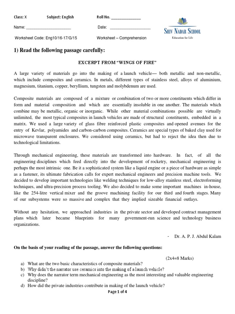 WS 15 Grade 10 Comprehension | PDF | Composite Material | Metals
