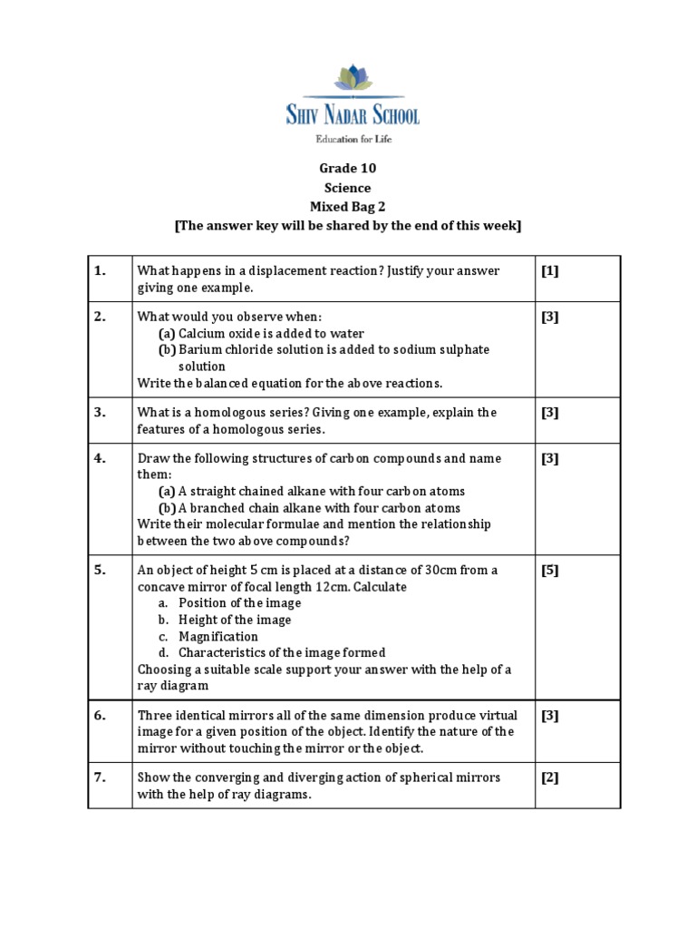 Grade 10 Science Mixed Bag 2 (The Answer Key Will Be Shared by The End ...