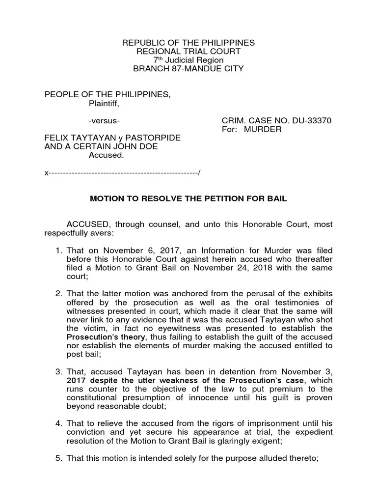 Motion to Resolve Bail Petition | PDF | Bail | Prosecutor