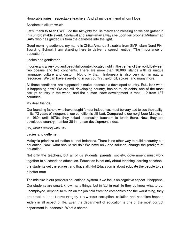Speech The Importance of Education | PDF | Indonesia | Cognition