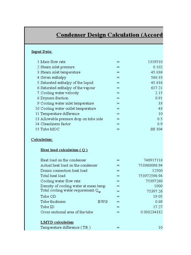 Condenser Design Calculation | PDF | Heat Transfer | Enthalpy