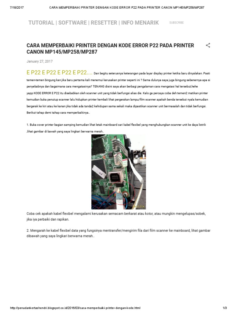 Cara Memperbaiki Printer Dengan Kode Error p22 Pada Printer Canon Mp145 - mp258 - mp287 | PDF