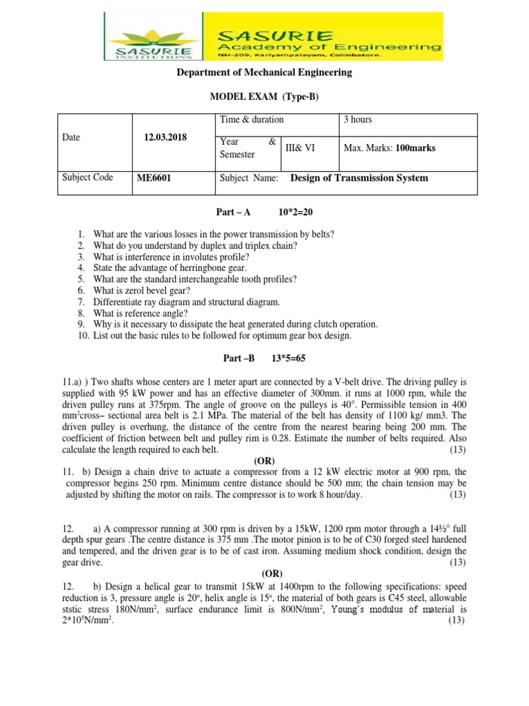 Dts Model Que Type B 2018-19 | PDF | Gear | Belt (Mechanical)
