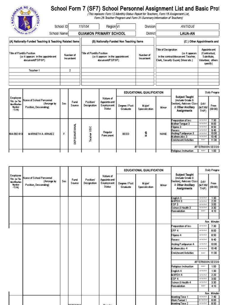 School Form 7 Personnel Assignment List | PDF | Teachers | Employment