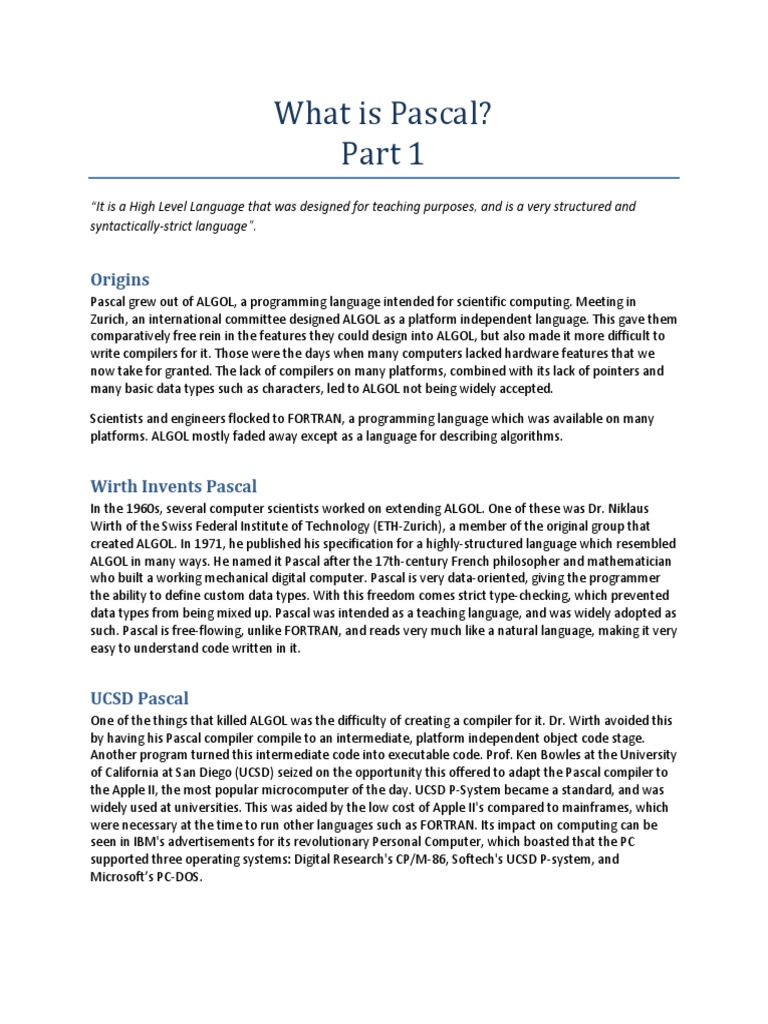 History and Significance of Pascal Language | PDF | Programming ...