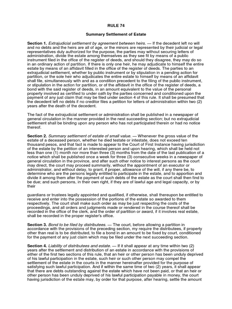 Rule 74: Summary Estate Settlement Guide | PDF | Deed | Judgment (Law)