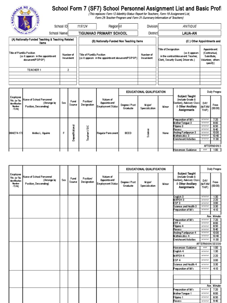 School Form 7 (SF7) School Personnel Assignment List and Basic Profile ...
