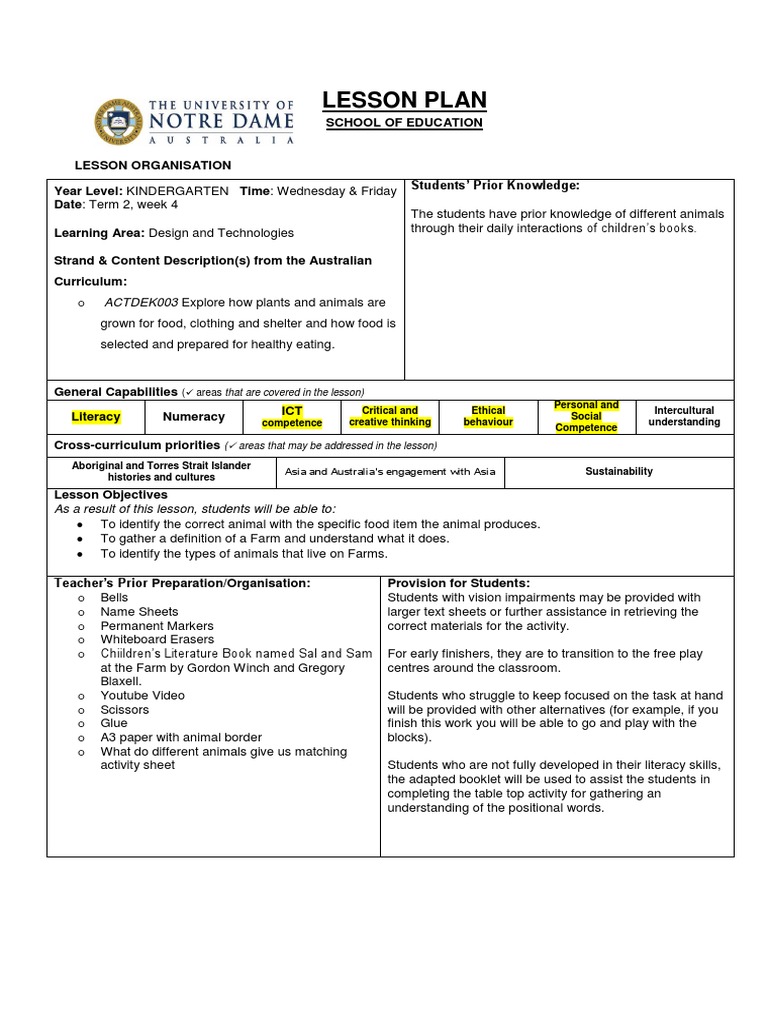 Farm Animals Lesson Plan | PDF | Educational Assessment | Classroom