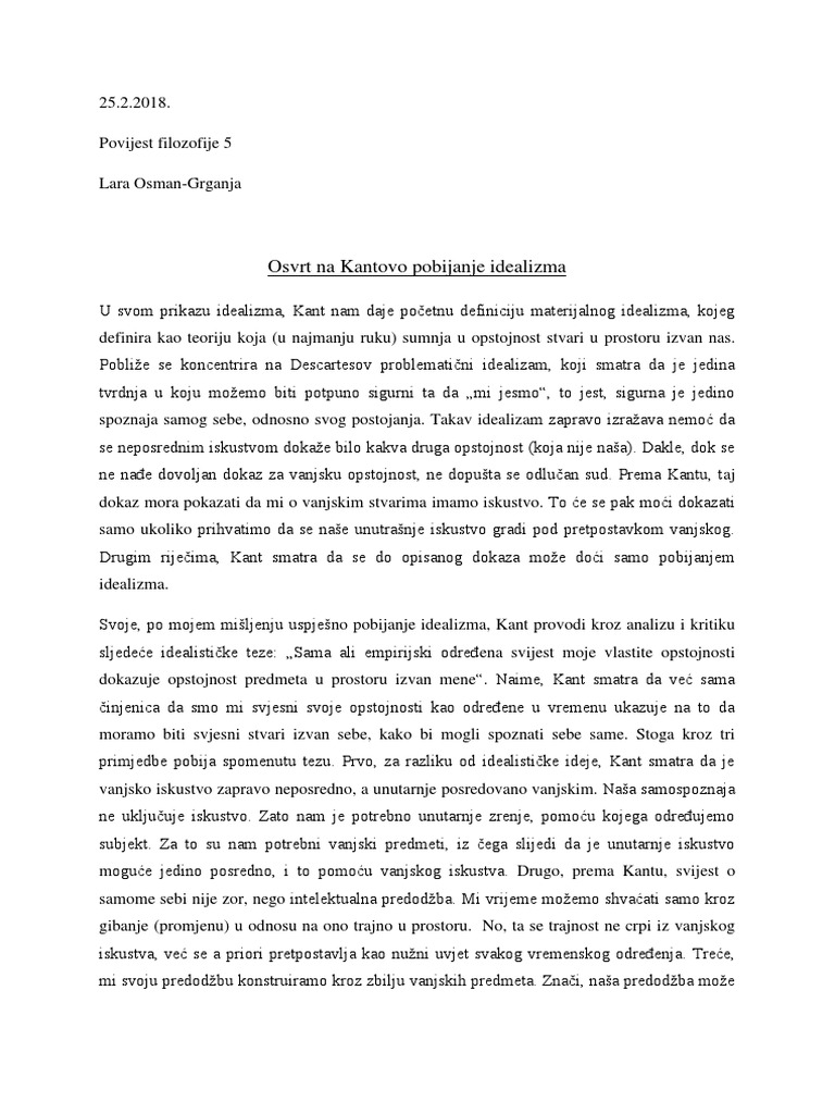 Kant Pobijanje Idealizma Lara Osman Grganja | PDF