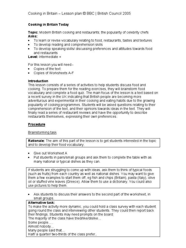 Cooking in Britain - Lesson Plan © BBC - British Council 2005 | PDF ...