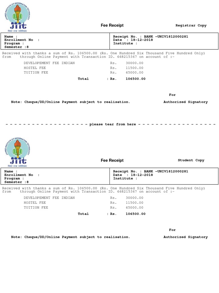 Receipt for Student Fees Paid Through Online Transaction Totaling Rs. 106500 for Development ...