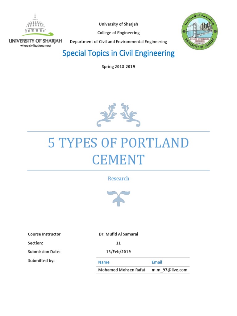 5 Types of Portland Cement: Special Topics in Civil Engineering | PDF