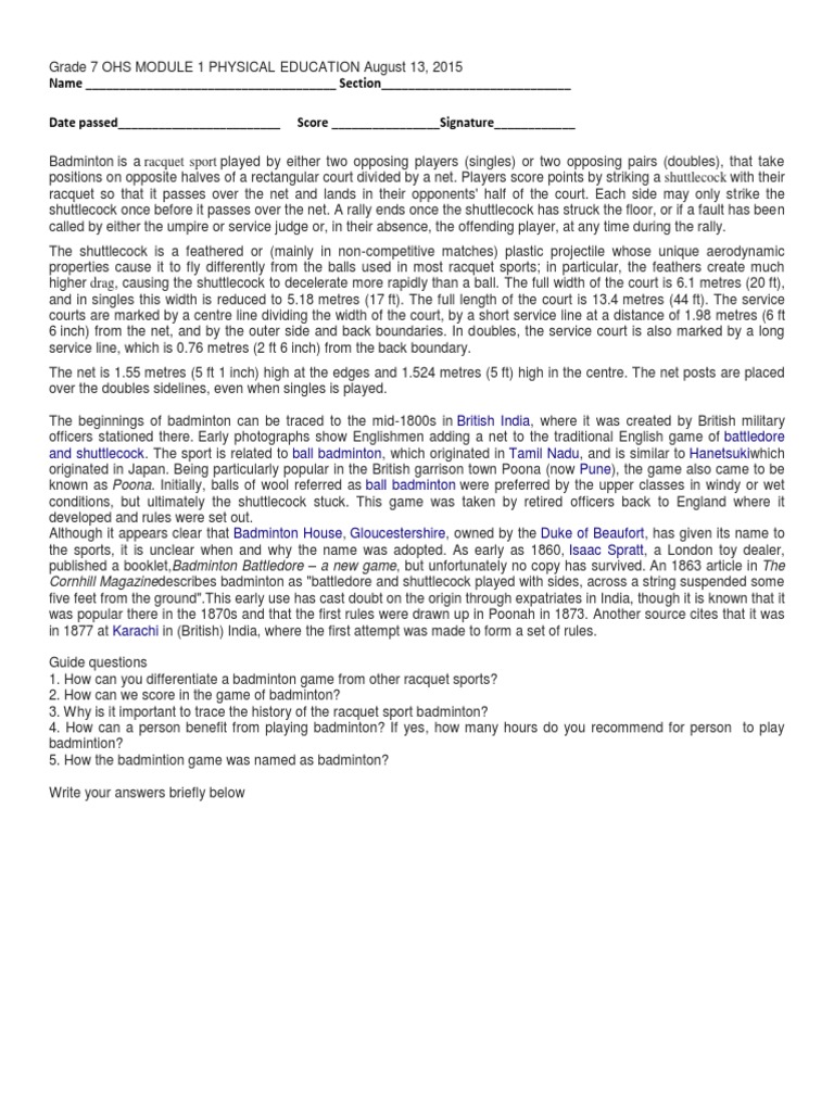 Badminton Overview and History for Grade 7 | PDF | Competitive Games ...
