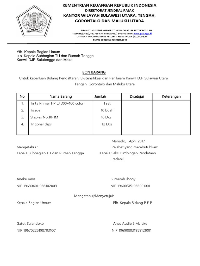 Bon Barang Kanwil DJP Sulutenggo 2017 | PDF