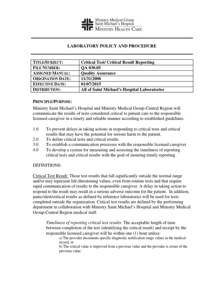 QA03005 Critical Testand Critical Result Reporting | PDF | Caregiver ...