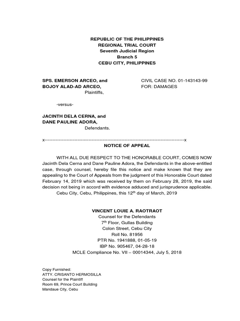 Sample of Notice For Appeal | PDF