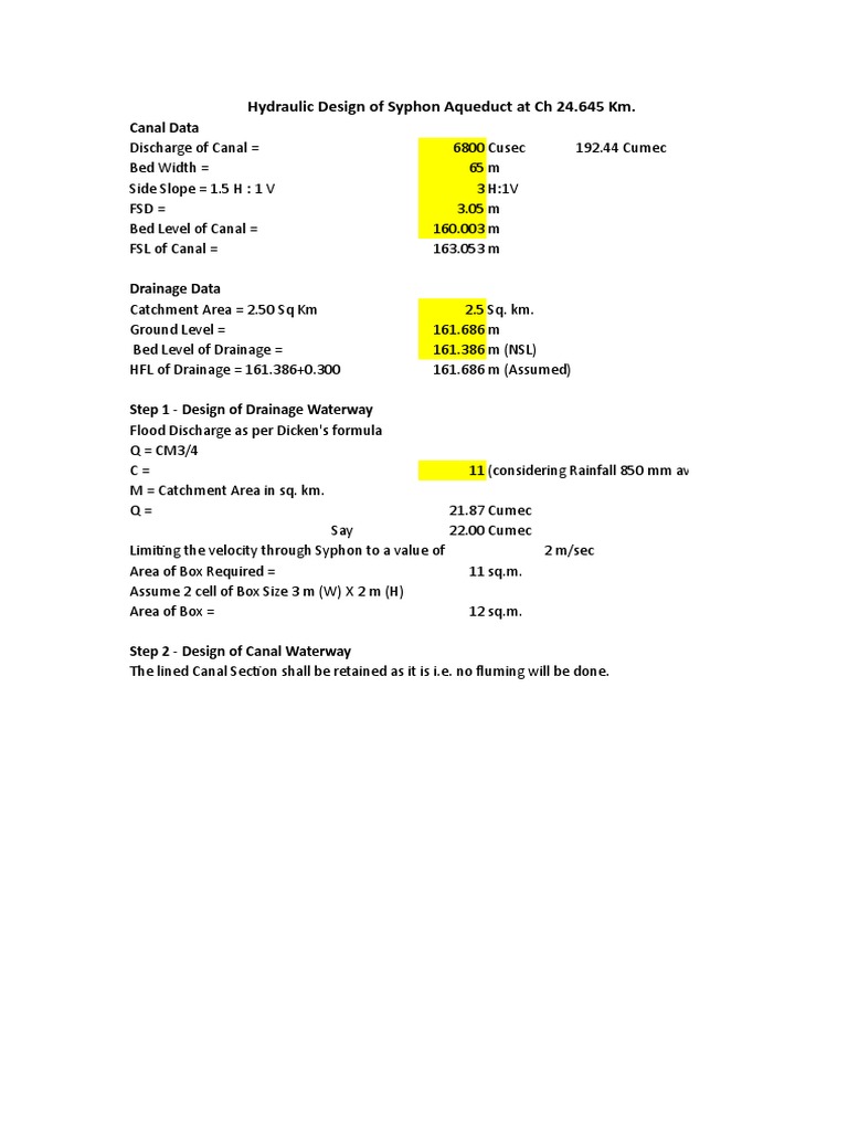 Hydraulic Design of Syphon Aqueduct at CH 24.645 KM.: Canal Data | PDF ...