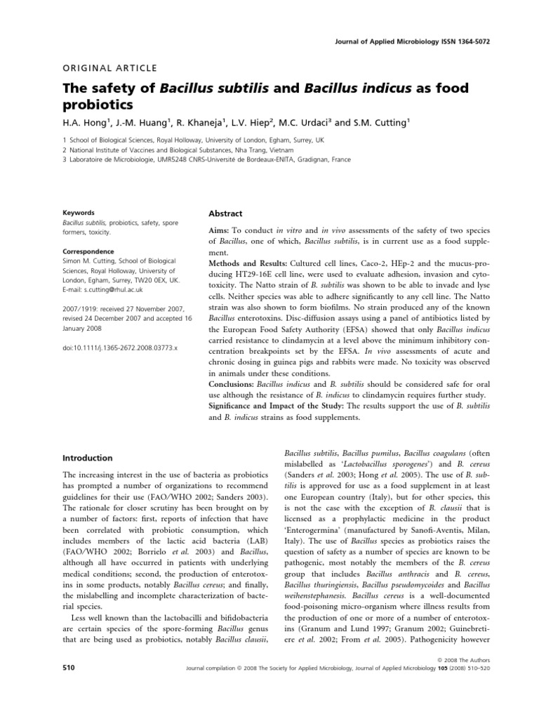 The Safety of Bacillus Subtilis and Bacillus Indicus As Food Probiotics ...